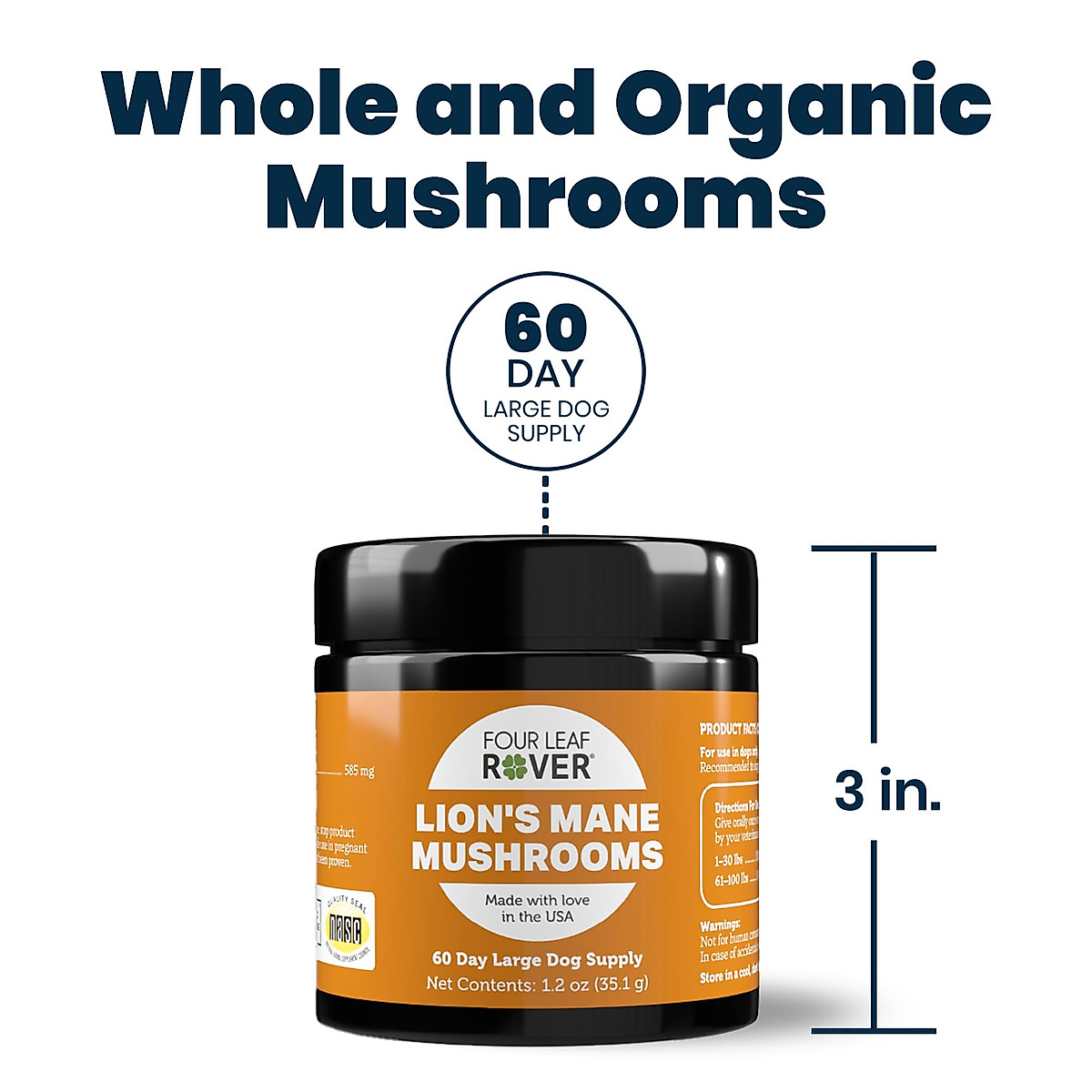 FOUR LEAF ROVER - Lion's Mane - Organic Mushrooms Extract for Dogs | Hericenones & Erinacines | Supports Cognitive Health & Neurological Function - 60-Day Large Dog Supply