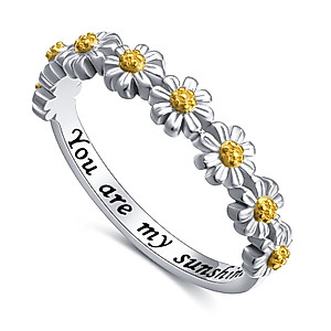 Ladytree Sterling Silver You Are My Sunshine Daisy Ring for Women Mom Daughter Mothers Day Flower Jewelry Size 7