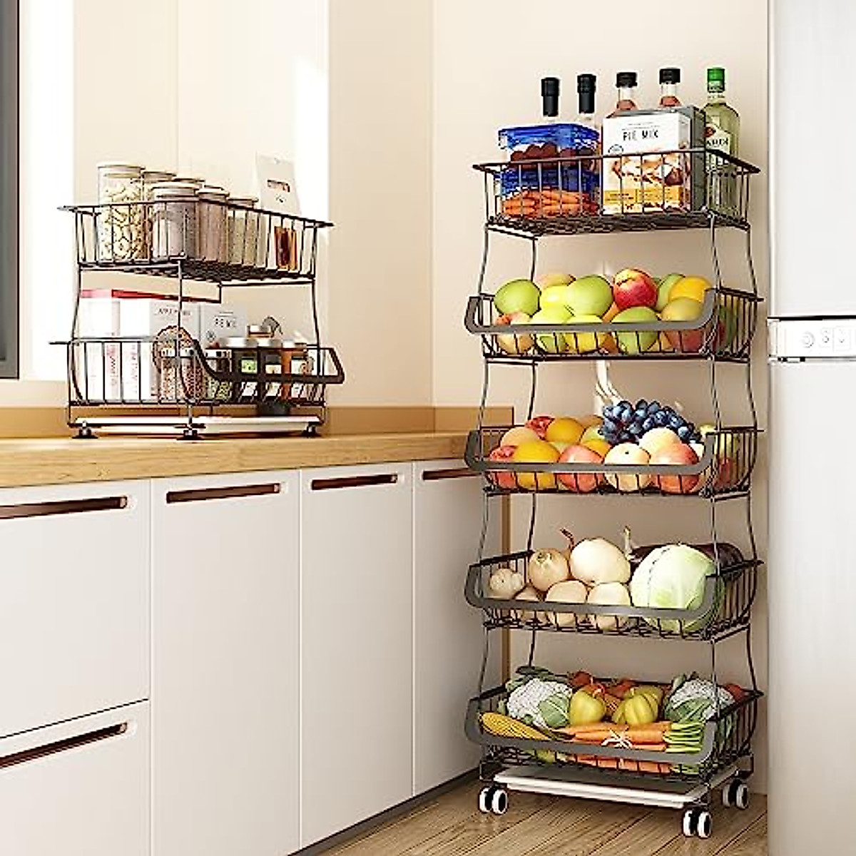 Wisdom Star 6 Tier Fruit Vegetable Basket, Wire Storage Basket Organizer Utility Cart with Wheels, Vegetable Basket Bins for Onions and Potatoes, Fruit Vegetable Storage Cart for Kitchen, Black