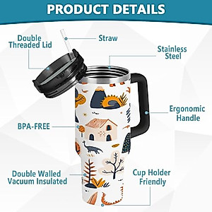 FRCSDIY Cartoon Dinosaur Insulated Tumbler with Handle and Straw Lid,40oz Leakproof Stainless Steel Cup BPA-Free Water Bottle