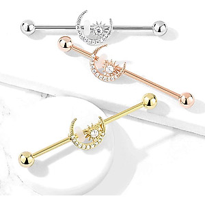 CZ Paved Moon with CZ Center Star 316L Surgical Steel Industrial Barbell (Clear)