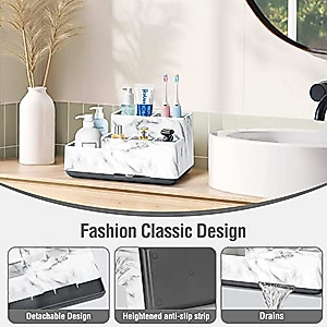 Electric Toothbrush Holder for Bathroom, Plastic Bathroom Countertop Organizer Compartment, Vanity Organizer Tray,Countertop Organizer Box, Kids Desk Organizers and Storage,White Marble Pattern