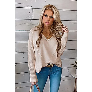 Niceyi Women's Casual Knitwear Pullover Sweater Soild Color V-Neck Loose Long Sleeve Knit Jumper Tops (Beige,Medium,Medium)