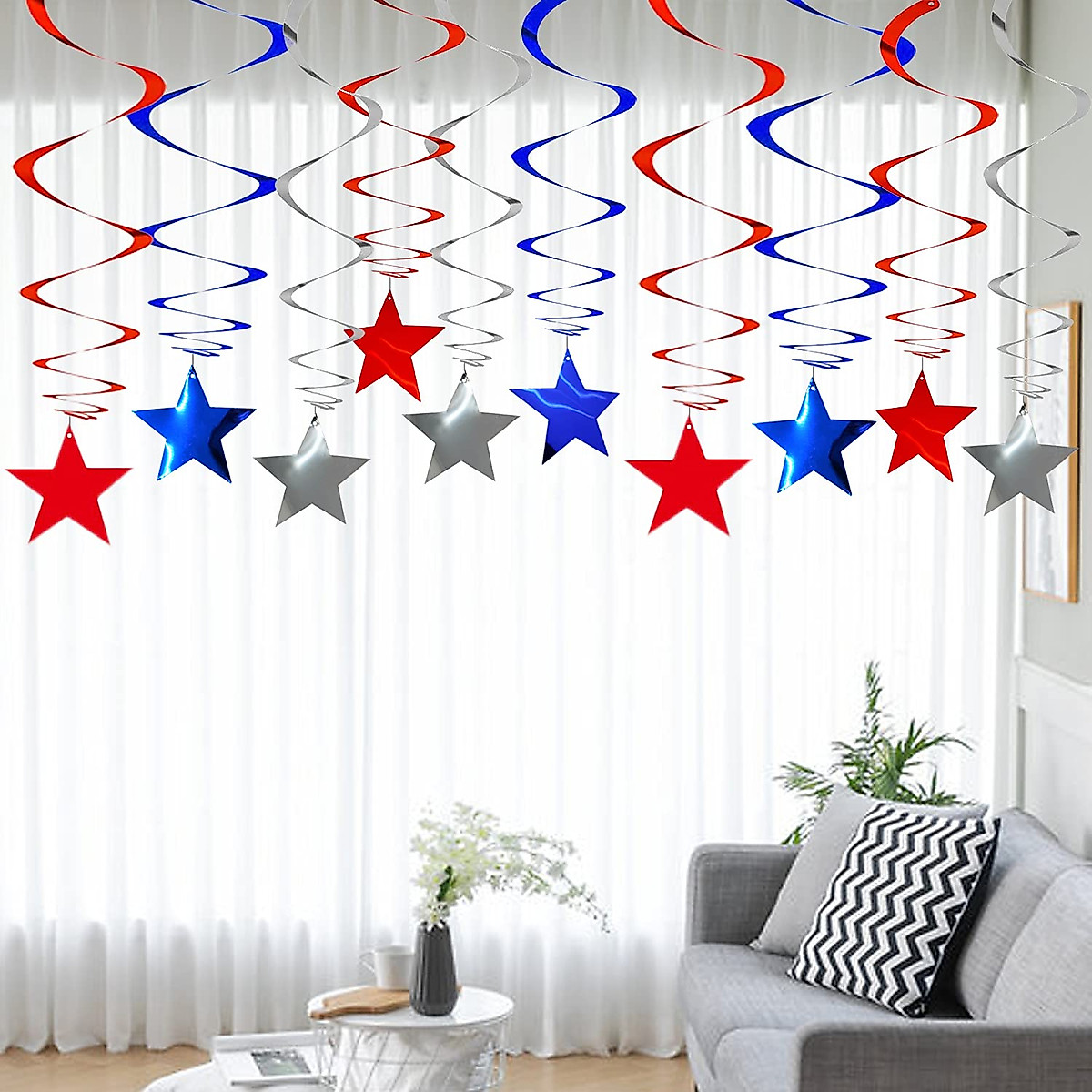 YSSAI 30 Pcs Patriotic Star Hanging Swirls Decorations Swirls with Red Blue Silver Stars Ceiling Hanging Ornaments for 4th of July Independence Day Memorial Day Graduation Party Supplies