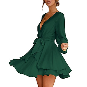 Cosonsen Womens Swing Dress Deep V-Neck Bishop Sleeve Tie Waist Ruffle Dresses Green M