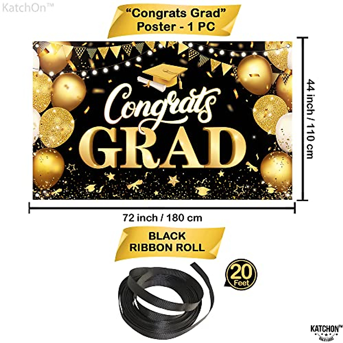 XtraLarge, Congrats Grad Banner - 72x44 Inch | Graduation Banner for Graduation Party Decorations 2023 | Congratulations Banner for Black and Gold Graduation Decorations 2023 | Graduation Backdrop