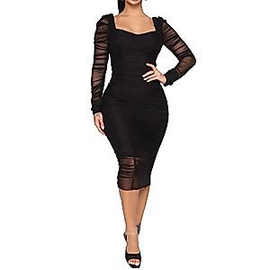 Uni Clau Women Sexy V Neck Mesh Long Sleeve Mini Dress See Through Party Night Clubwear Ruched Bodycon Dress Black 2XL