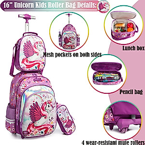 Egchescebo Kids Rolling Unicorn Backpack for Girls Kids Luggage Kids Suitcase With Wheels Trolley Wheeled Backpacks for Girls Travel Bags 17” 3PCS Backpack With Lunch Box Red School Bags Purple