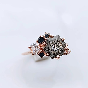 Rings For Women Hexagon Cut Black Rutilated Quartz Ring Vintage Unique Ring Marquise Cluster Black Spinel, Gift Beautiful Wedding Ring BY FOREVER GEMS & JEWELS, Rose Gold,White,Silver