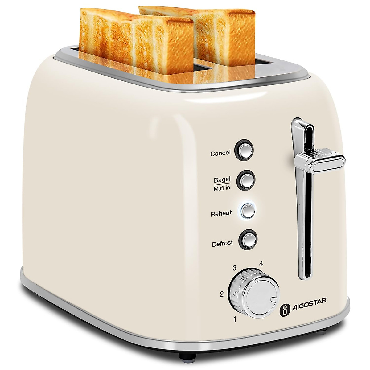 Aigostar Toaster 2 Slice, Retro Extra-Wide Slot Toaster for Toasting Bagel Breads Waffle & More with Cancel, Defrost Function and 6 Browning Setting, Removable Crumb Tray, Stainless Steel, Cream White