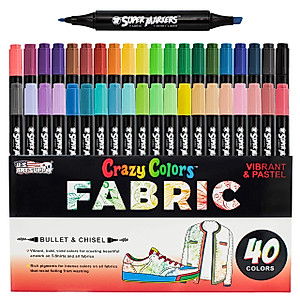 Super Markers 40 Unique Primary & Pastel Colors Dual Tip Fabric & T-Shirt Marker Set - Double-Ended Fabric Markers with Chisel Point and Fine Point Tips - 40 Permanent Ink Vibrant and Bold Colors