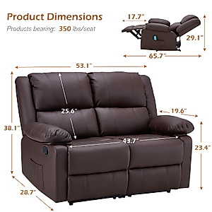 YODOLLA Recliner Loveseat with Heat and Massage Function, Wall-Hugger Reclining Sofa 2-Seater Modern Manual Control Faux Leather RV Couch, Theater Lounge Seat with Side Pockets, Brown