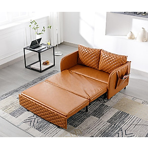 KINFFICT PU Leather Pull Out Sofa Bed, Convertible Small Loveseat Sleeper with Storage Drawer and 2 Pillows, 2 in 1 Futon Couch with Removable Pocket, Modern Love Seat for Living Room, Light Brown