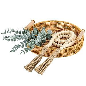8 Pcs Boho Farmhouse Coffee Table Tray Set 11 Inch Wicker Rattan Serving Tray with Handles Round Rattan Tray Basket Wood Bead Garland with Tassels 6 Artificial Eucalyptus Leaves for Home Fall Decor