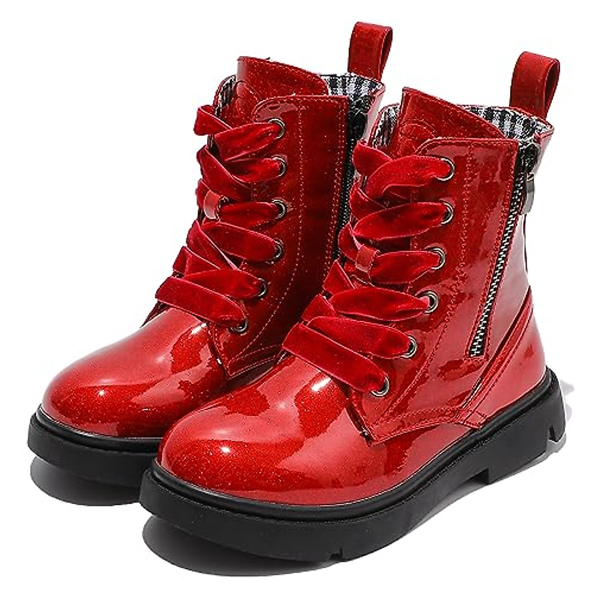 DADAWEN Boys Girls Glitter Ankle Boots Lace Up Waterproof Combat Shoes With Side Zipper for Toddler/Little Kid/Big Kid Red Glitter US Size 3 M Big Kid