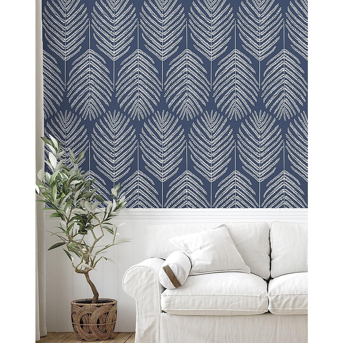 Fititem Blue Wallpaper Peel and Stick Wallpaper 393”×17.3” Coastal Modern Boho Contact Paper for Cabinet Dark Blue Leaf Wallpaper for Bedroom Removable Self-Adhesive Waterproof Wallpaper for Bathroom