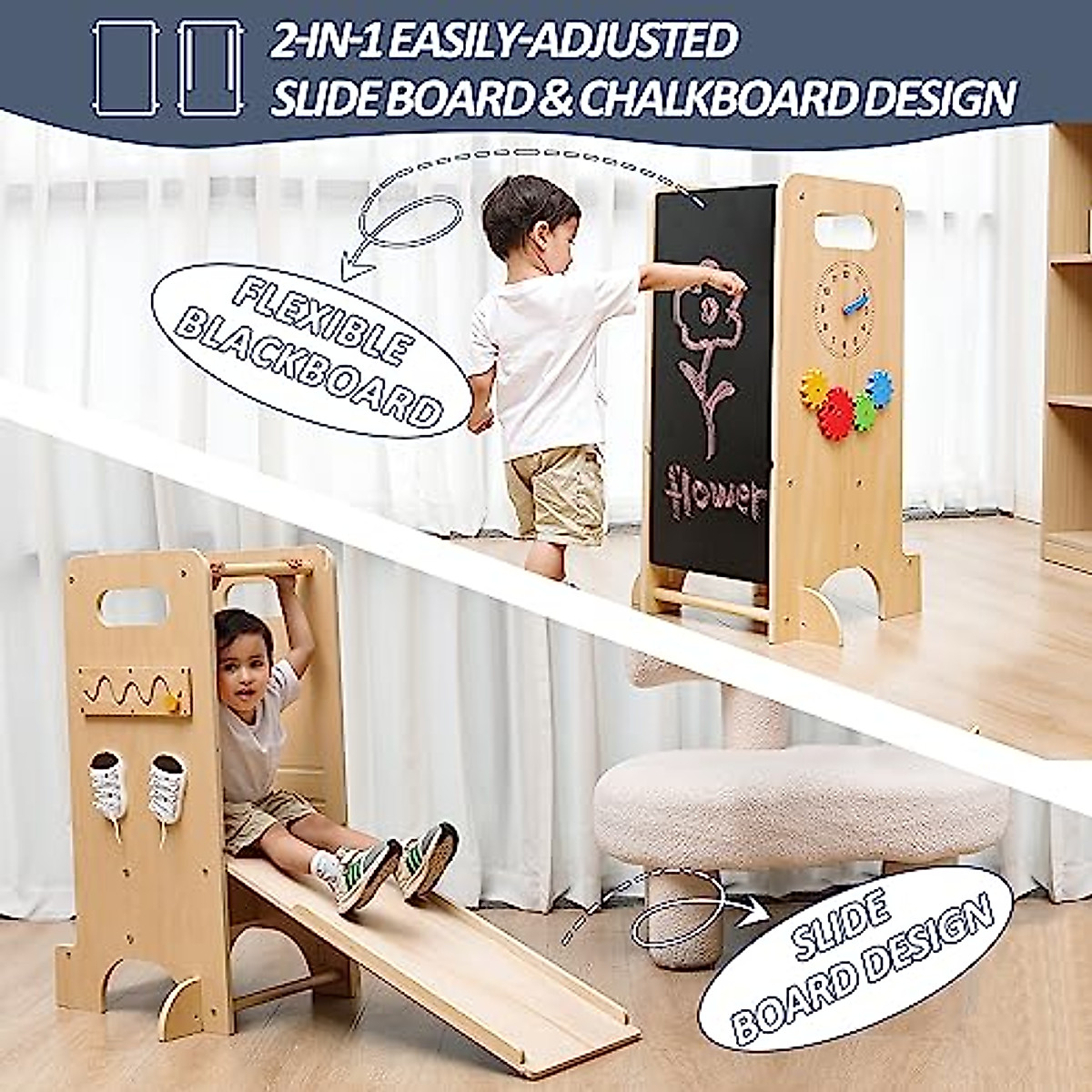 Learning Tower, JUZBOT 4 in 1 Toddler Tower Kitchen Stool Helper Wooden Height Adjustable Standing Tower for Kitchen Counter with Slide, High Chair, Chalkboard Montessori Activities