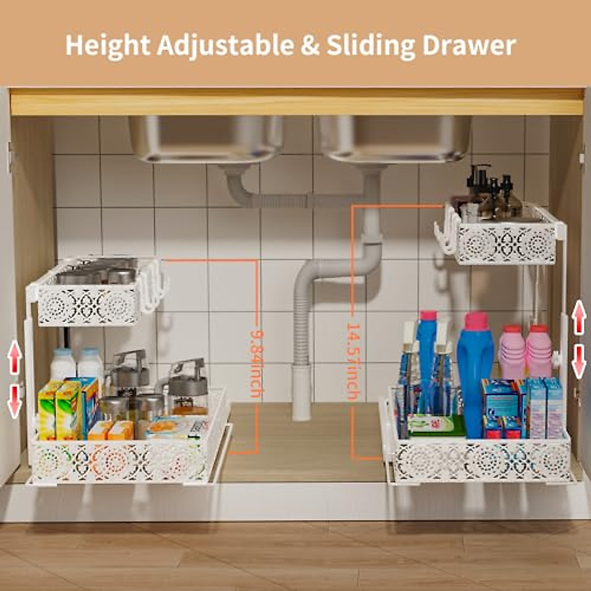 Iirios Adjustable Height Under Sink Organizer, 2-Tier L-Shape Slide Out Sliding Shelf, Under Cabinet Organizer with Drawer and Hooks, Multi-Use Under Sink Storage for Bathroom Kitchen, White