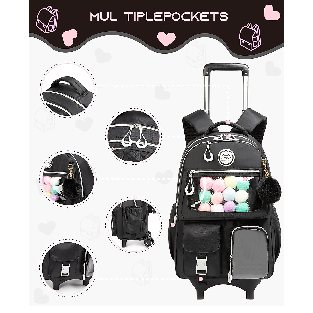 ZBAOGTW Rolling Backpack for Girls Kids Backpack with Wheels Backpacks for Elementary with Lunch Box Pencil Case Trolley (Black1)