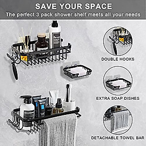 Shower Storage for Inside Shower, 3 Pack Shower Organizer with Hooks and Soap Holder, Adhesive Wall Mount Shower Shelves, Rustproof Black Shower Caddy Basket Shelf Storage Rack for Bathroom Kitchen
