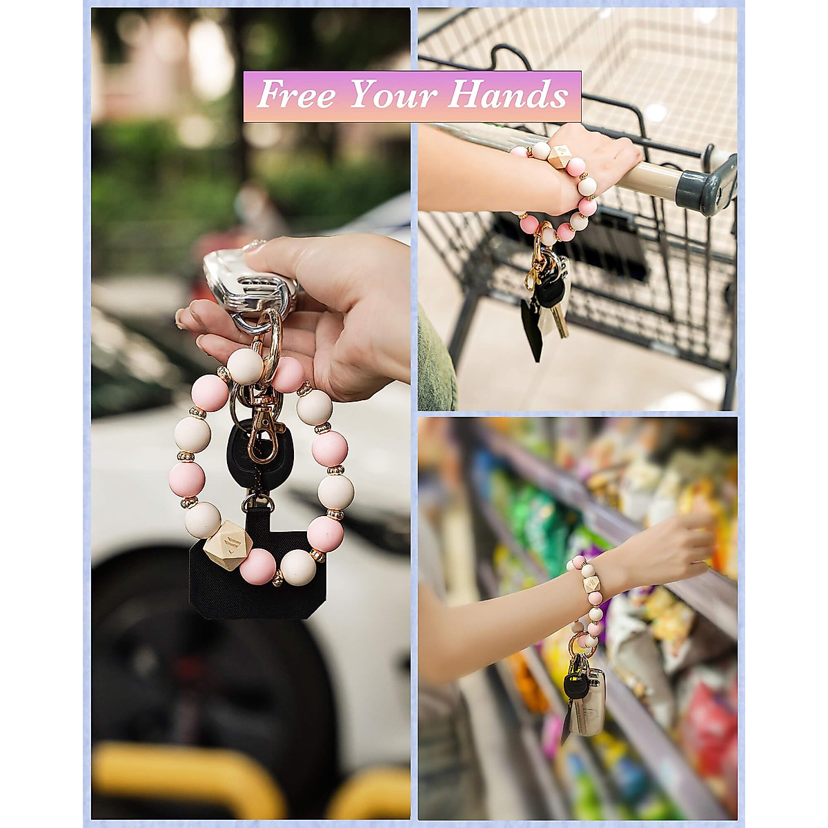 WEESMILE Silicone Key Ring Bracelet for Women | Stretchy Wrist Keychain Bracelet for Car Keys, Wallets, IDs, and Credit Cards (Brown/White)