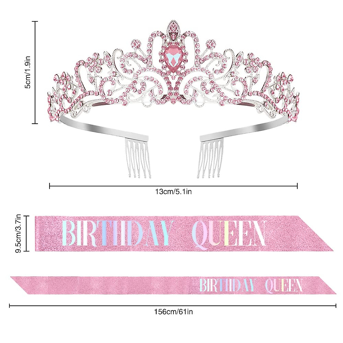 Pink Tiara Sash Gifts for Women's Birthday - Rhinestone Crystal Headband Princess Queen Crown Accessories