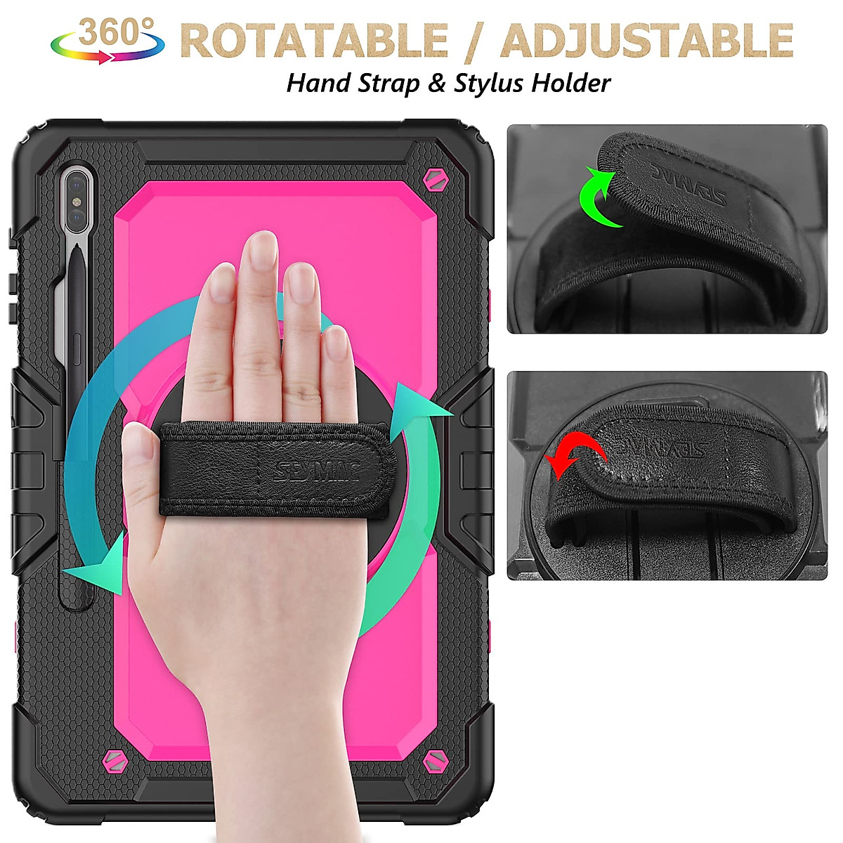 SEYMAC stock Case for Samsung Galaxy Tab S8 Plus/ S7 FE 5G Case 12.4'' with Screen Protector Pencil Holder [360 Rotating Hand Strap] &Stand, Drop-Proof Case for Galaxy Tab S8 Plus/ S7 FE, Rose/Black