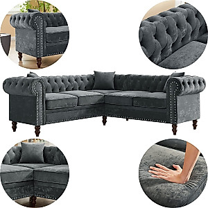 LKTART 80" Luxury Classic Chesterfield L-Shaped Sofa Button Tufted Roll Arm Solid Wood Legs 3 Pillows Included for Living Room