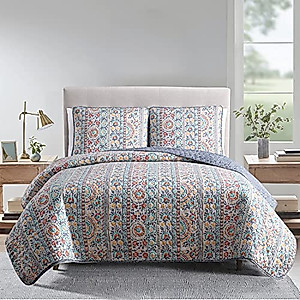 DREAMCLOUD HOME Bohemian Quilt Set Full Queen Size 3 Piece, Cosima Striped Pattern Printed Bedding Coverlet Set, Lightweight Soft Reversible Bedspread Sets for All Season (1 Quilt & 2 Pillow Shams)