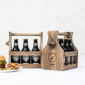 Weddingstar Custom Personalized Wooden Beer Bottle Caddy Holder with Metal Bottle Opener - Brewery Co. Etching