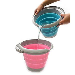 SAMMART 3 pcs. 5L / 1.32 gallons Collapsible Plastic Bucket (5L Round Set of 3, Bright Green+Bright Blue+Pink)