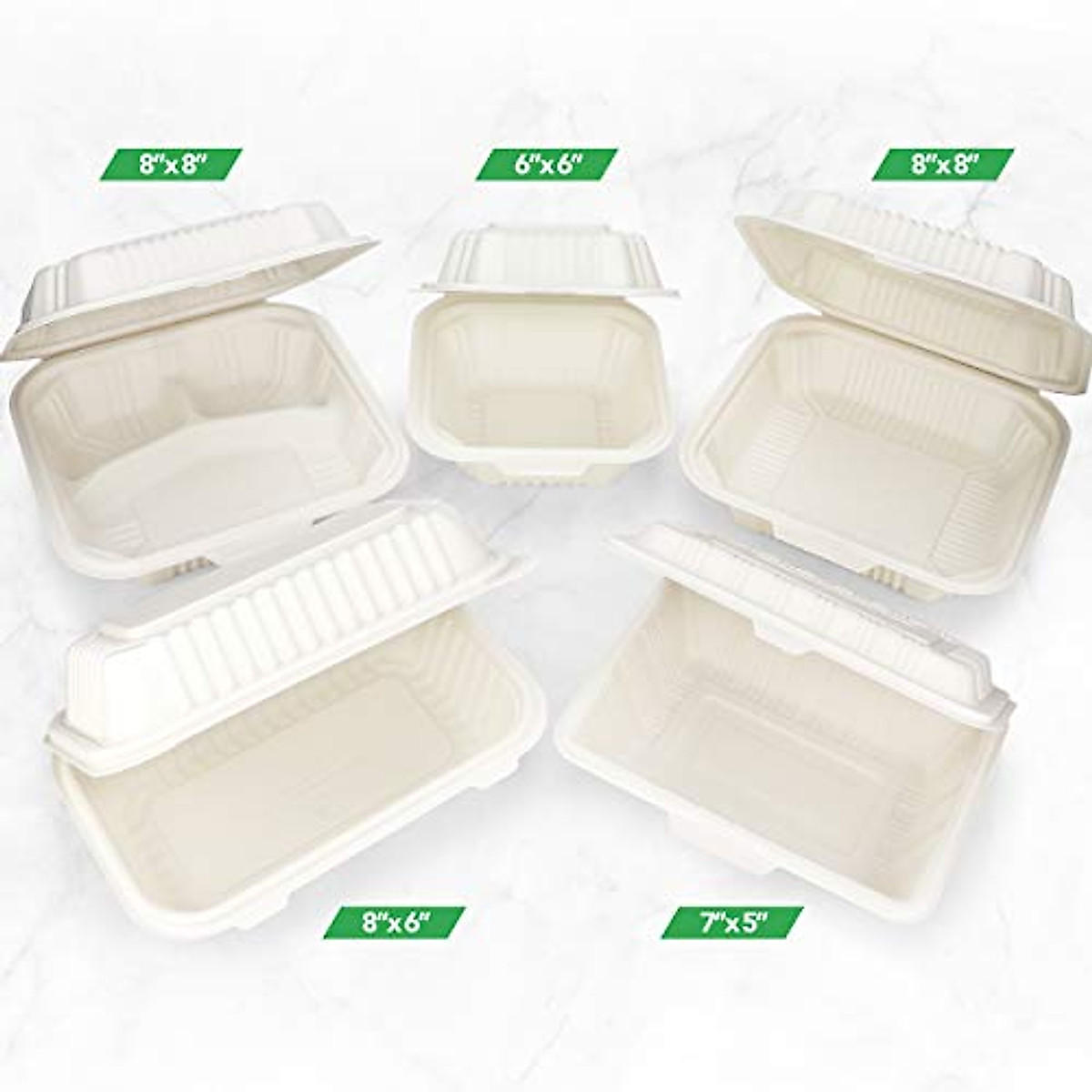 HeloGreen Eco Friendly 3 Compartment 100 Count 8"x8" To Go Food Containers - To Go Containers Disposable, Take Out Food Containers, To Go Boxes for Food, Clamshell Food Container, Heavy Duty To Go Box