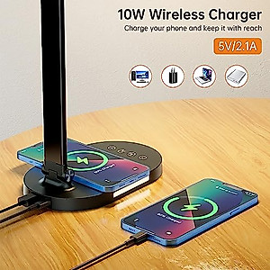 LED Desk Lamps for Home Office, Double Head Touch Desk Lamp with Wireless Charger, Dimmable Desk Light with USB Charging Port, Adjustable Reading Lamp, Eye-Caring Table Lamp with Night Light, 1H Timer