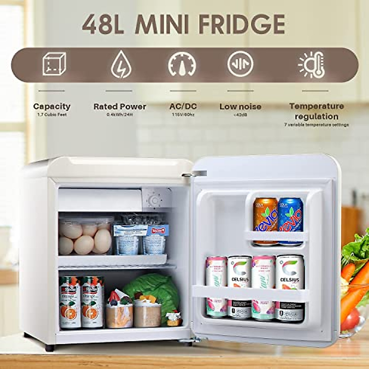Kismile Retro Mini Fridge with Freezer,1.7cu. ft Small fridge with Adjustable Removable Glass Shelves, Mechanical Control, Compact Refrigerator for Office, Dorm, Bedroom (White)