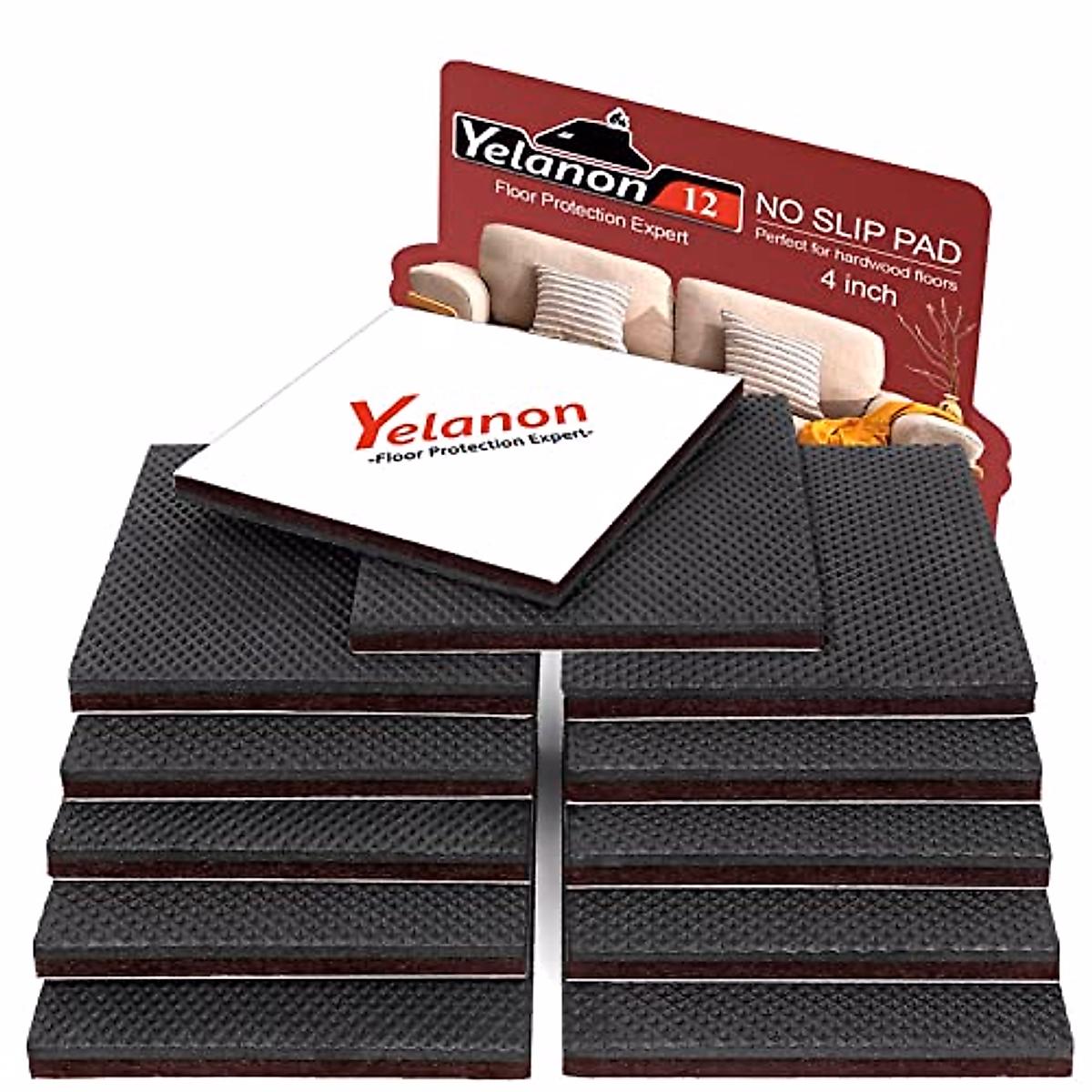 Yelanon Non Slip Furniture Pads -12pcs 4" Furniture Grippers Hardwood Floors, Non Skid for Furniture Legs,Self Adhesive Rubber Feet, Anti Slide Furniture Floors Protectors for Keep Couch Stoppers