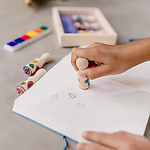 Melissa & Doug Happy Handles Wooden Stamp Set: 6 Stamps and 6-Color Stamp Pad - Kids Stamp Packs With Washable Ink, Easy To Hold Stampers For Kids Ages 4+