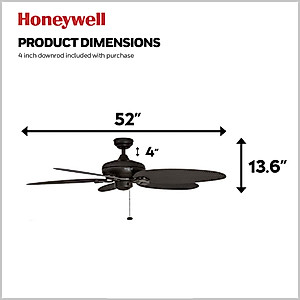 Honeywell Ceiling Fans Duval 52 Inch Ceiling Fan, Quick 2 Hang Indoor/Outdoor Ceiling Fan with Pull Chain, Tri-Mount 5 Blade Tropical Design, ETL Damp Rated, Bronze (50201-01)