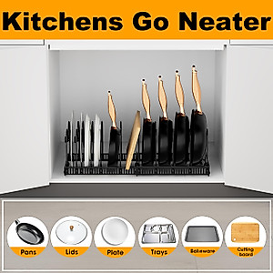 coneyaro Pots and Pans Organizer, Expandable Kitchen Organizer Rack Holder with 11 Dividers - Under Cabinet Storage for Pots, Pans, Lids, Bakeware, black