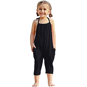 RAISEVERN Baby Girl Rompers Backless Slouch Jumpsuit Toddler Kid Jumper Cute Dinosaur Summer Beach Pants Halter Holiday Plain Bodysuit Black, 2-3T