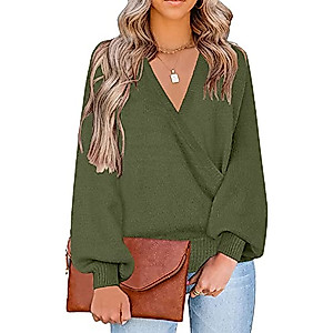 LookbookStore Fall Cute Sweater for Woman 2023 Winter Knit Sweaters Trendy Tops Army Green Long Sleeve Faux Wrap Surplice V Neck Wrap Sweater for Women Pullover Sweater Tunic Top Size M Size 8 10