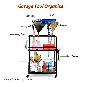 HEOMU Garden Tool Organizer for Garage, Garden Tool Rack Tool Organizers and Storage, Yard Tool Organizer for Garage, Shed, Outdoor, Garden Broom Holder, Black