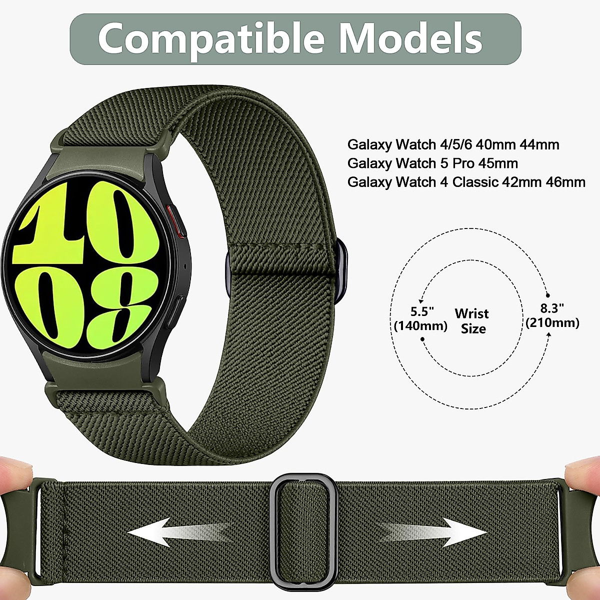 6 Pack No Gap Watch Bands Compatible with Samsung Galaxy Watch 6 5 4 40mm 44mm, 5 Pro 45mm Band, 4 Classic 42mm 46mm, Sport Elastic Nylon Stretchy Strap for Women Men