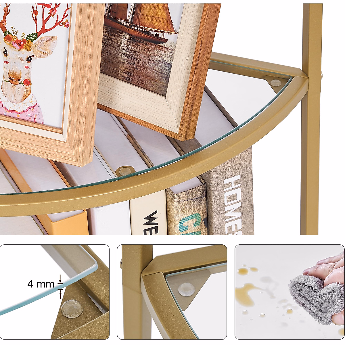 Homhedy 5-Tier Corner Shelf Stand, Metal Corner Bookshelf, Tempered Glass Shelves, Bathroom Storage Rack Shelf, Plant Stand, Modern Style,Golden