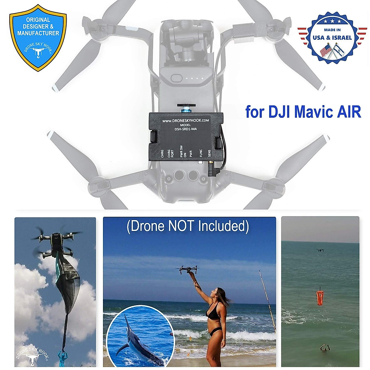 Release and Drop Professional Device for DJI Mavic AIR 1 – Drone Fishing, Bait Release, Load Delivery, Search and Rescue and Fun – U.S. Patent - by DRONE SKY HOOK