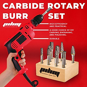 Tungsten Carbide Burr Set 1/4" Shank 10PC Double Cut Rotary Cutting Burrs Die Grinder Bits for Steel and Wood Working, Grinding, Carving, and Engraving