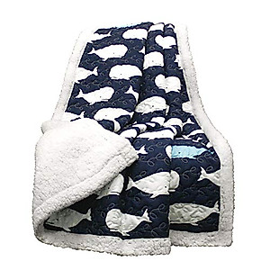 Lush Decor, Navy Whale Throw | Ocean Animal Print Fuzzy Reversible Sherpa Blanket-60” x 50, 60" x 50"