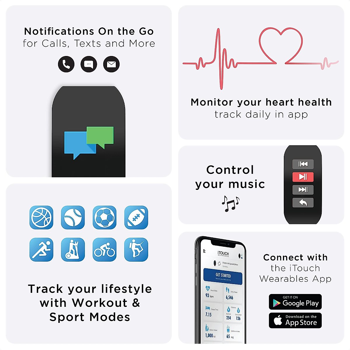 Itech Active Smartwatch Fitness Tracker, Heart Rate, Step Counter, Sleep Monitor, Notifications, Waterproof for Men, Compatible with iPhone and Android