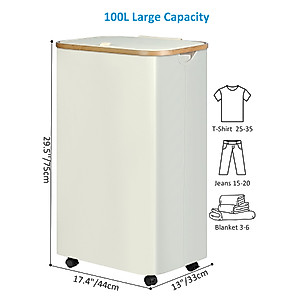 efluky Laundry Hamper with Wheels, Rolling Laundry Hamper with Lid and Removable Bag, Collapsible Dirty Clothes Hamper with Wheels for Laundry Room, Bedroom & Bathroom, 100L (26.4 Gallon) Beige