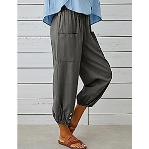 Acesulu Summer Linen High Waist Yoga Pants Drawstring Wide Leg Cropped Pants Trousers with Pockets for Women (0099-DarkGray-XL)