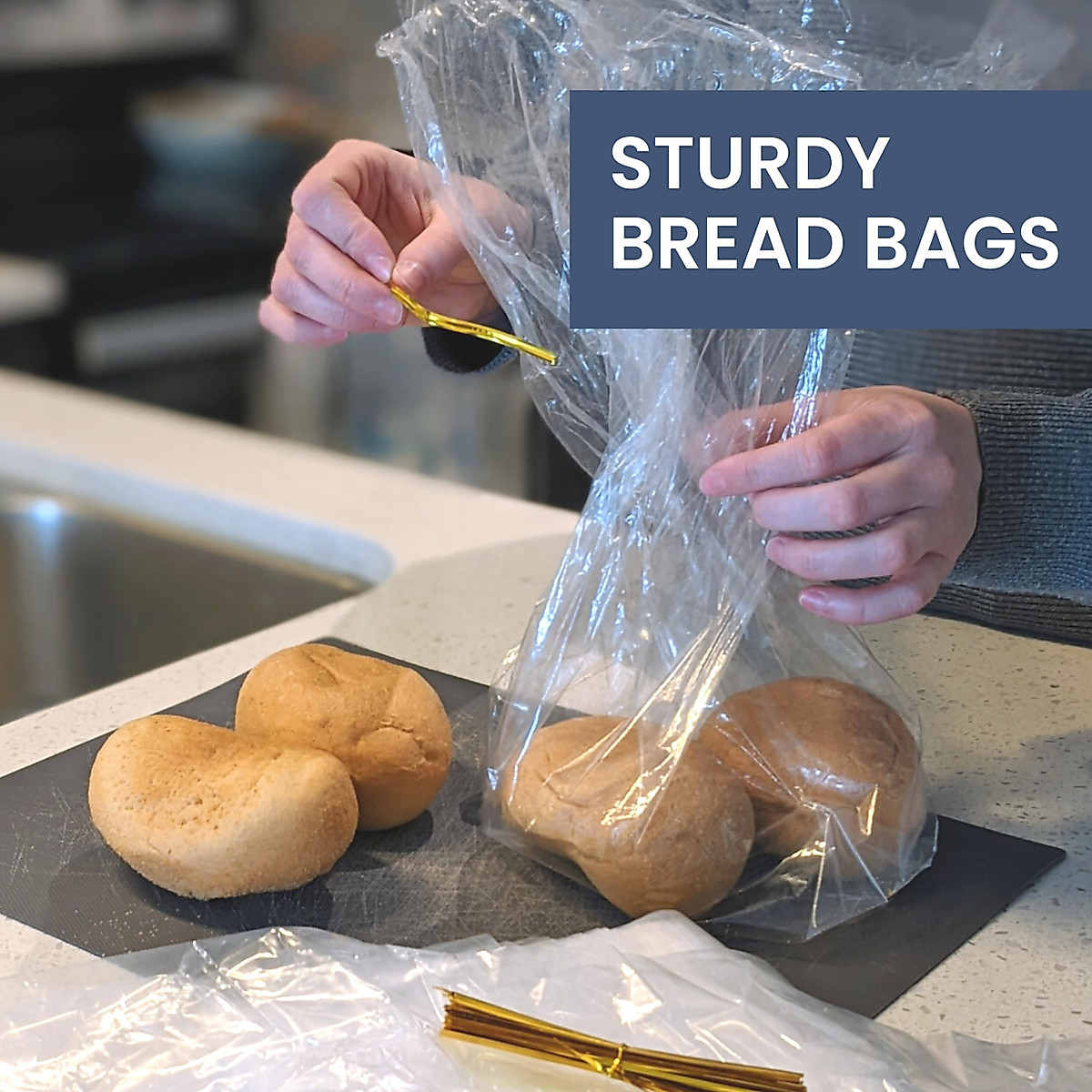 100 Clear Bread Bags with Ties - Adjustable & Reusable Bread Bags for Homemade Bread - Food Safe Bread Bag